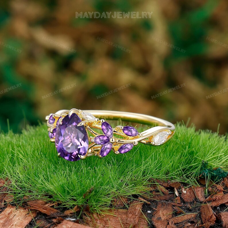 Vintage Pear Purple Amethyst Engagement Ring Art Deco Leaf Gems Branch ...