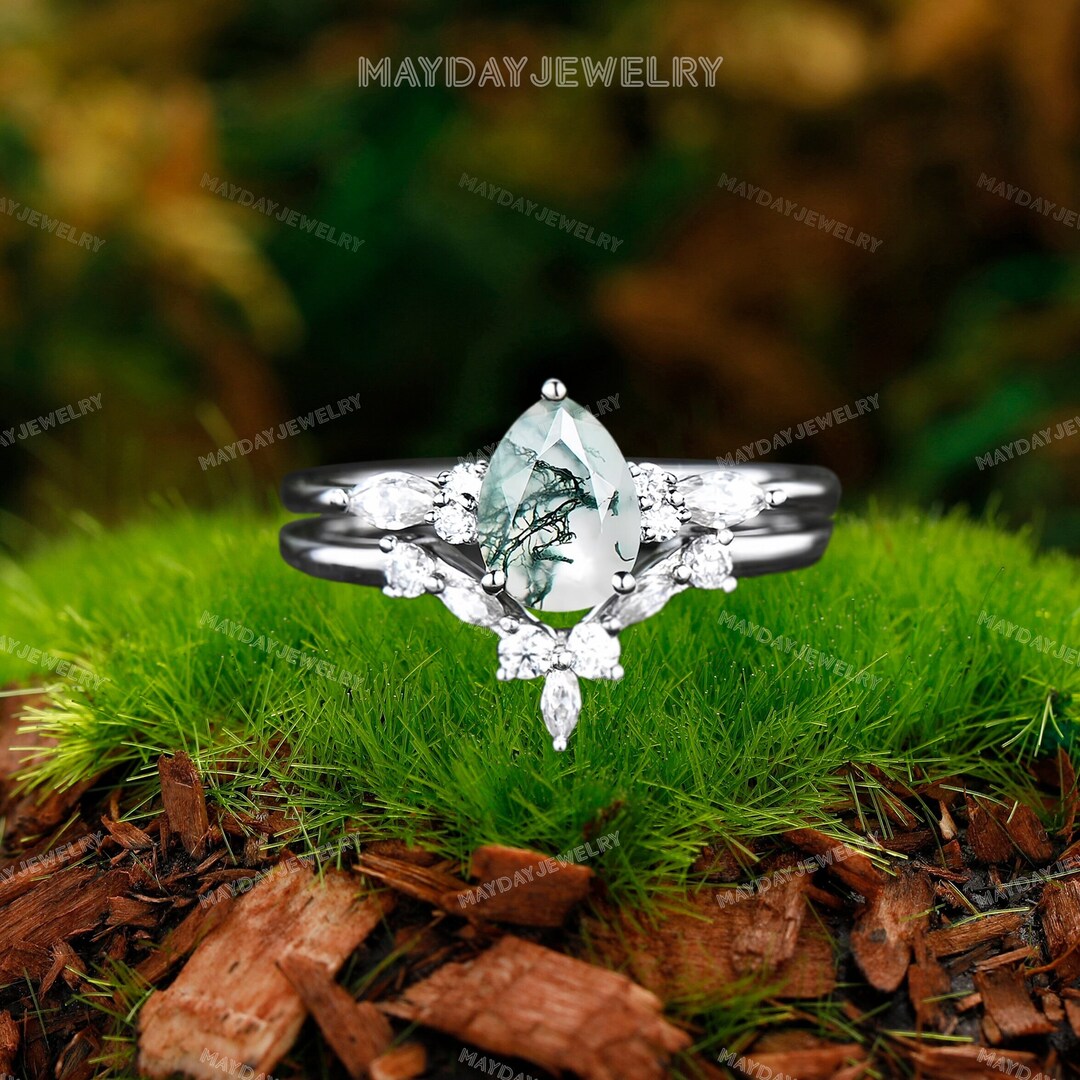 Pear Shaped Moss Agate Engagement Ring Set Marquise Moissanite Ring Set ...