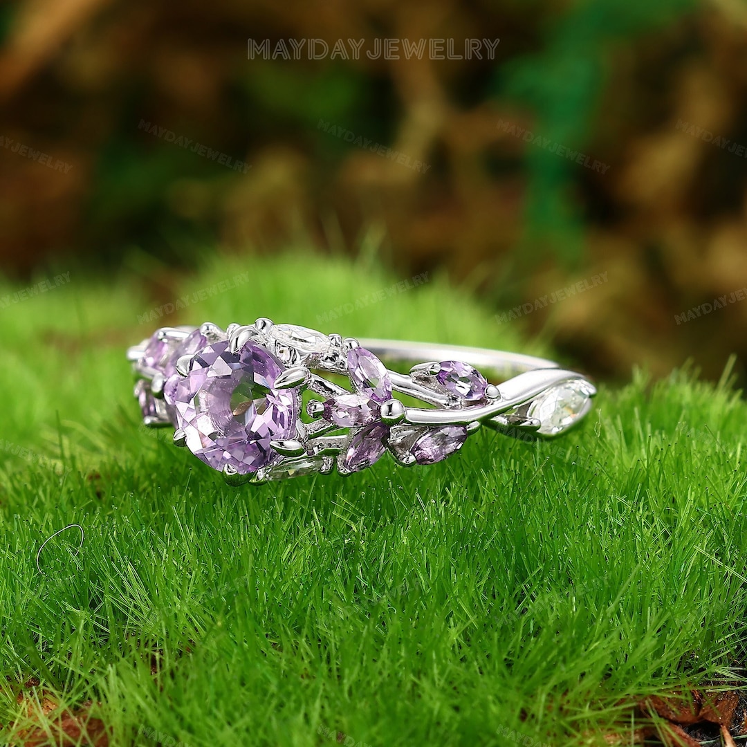 Vintage Nature Inspired Art Deco Leaf Ring Unique Anniversary Gifts for Women Lavender Amethyst ...