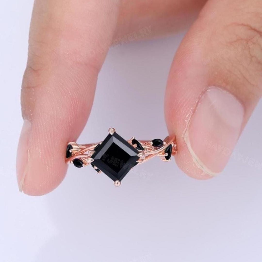 2.0CT Princess Cut Natural Black Onyx Promise Ring Solid Gold Ring ...