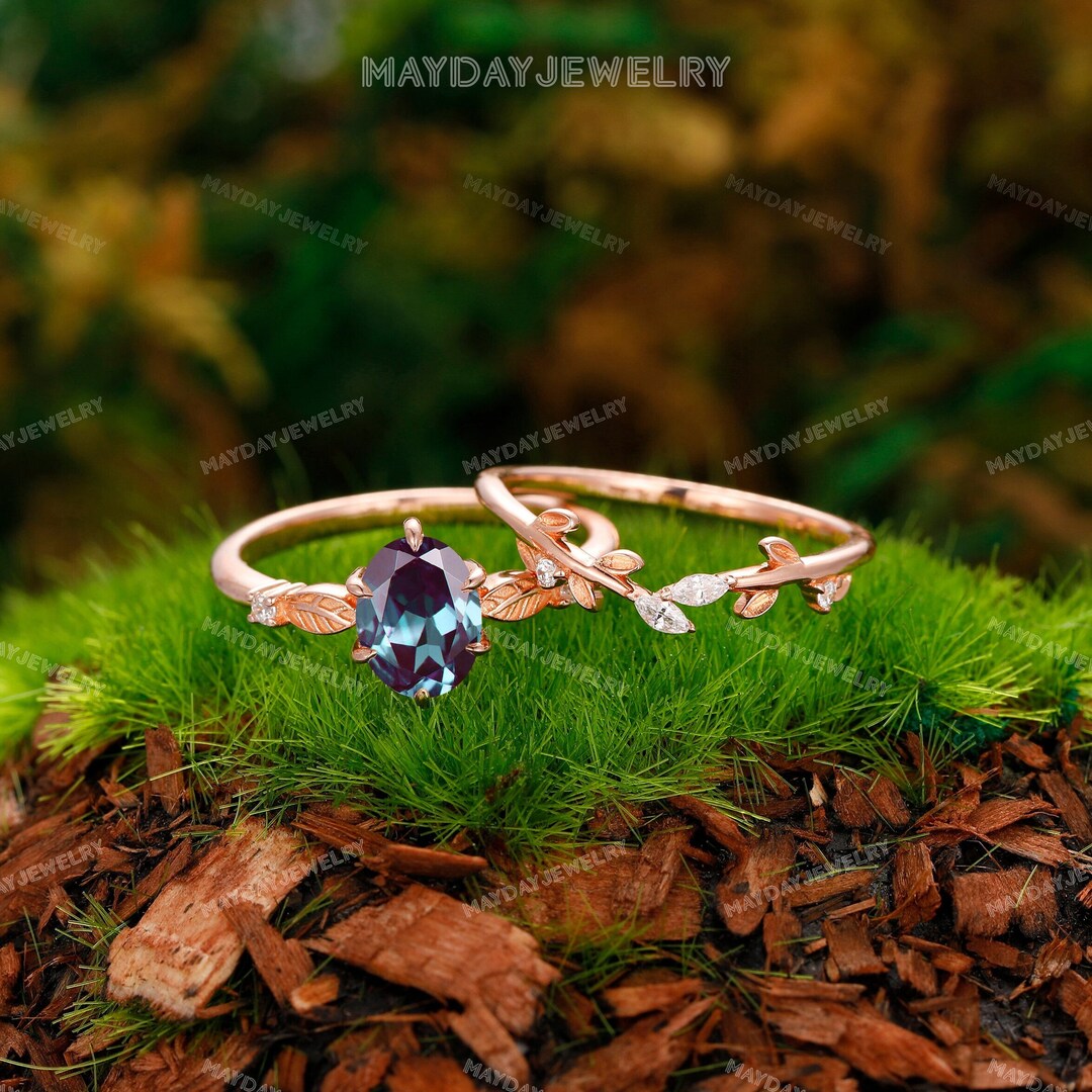 Alexandrite Engagement Ring Set Rose Gold Ring Set | Art Deco Bridal ...
