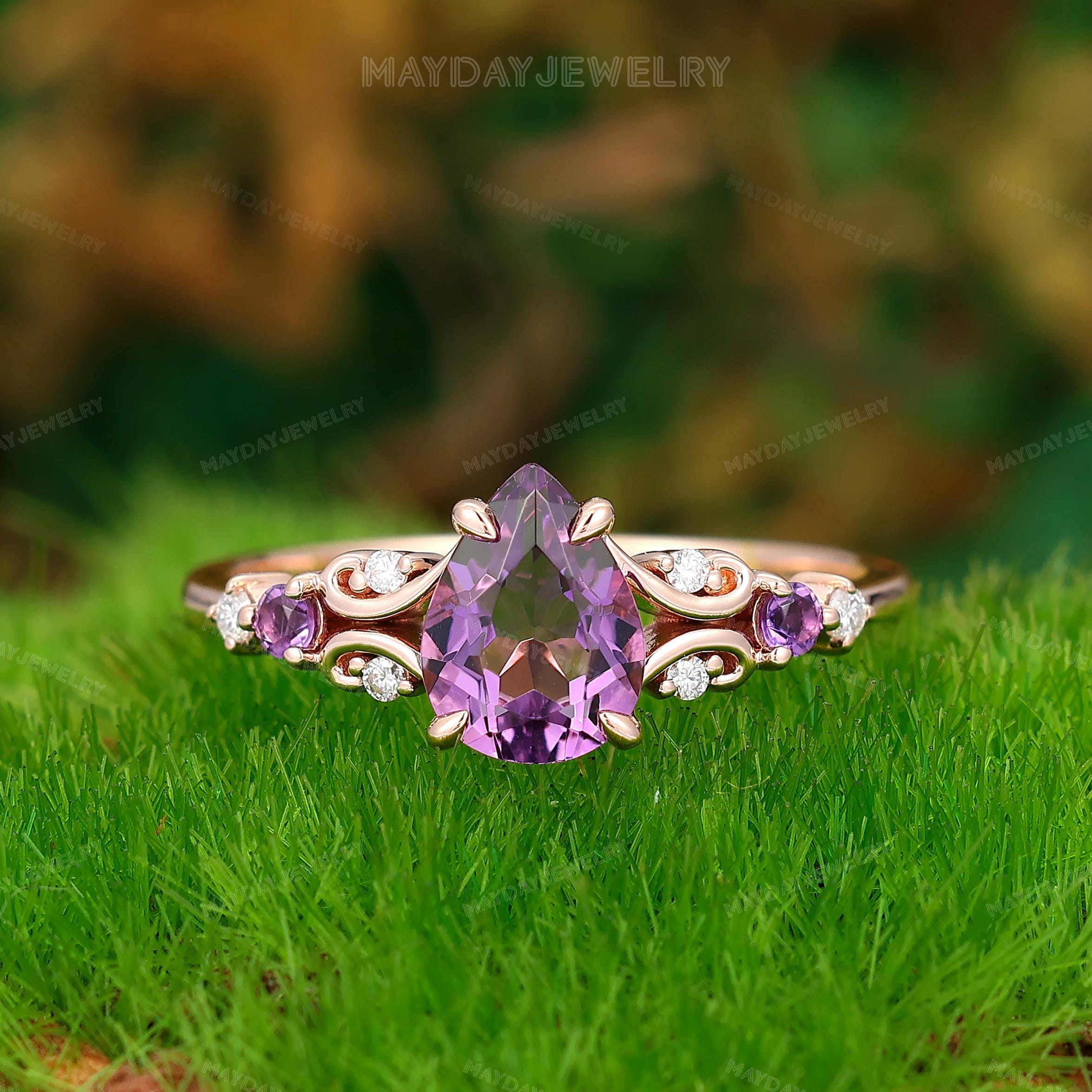 Amethyst Engagement Ring Sets Wedding Bridal Ring Solid Gold 14K Pear ...