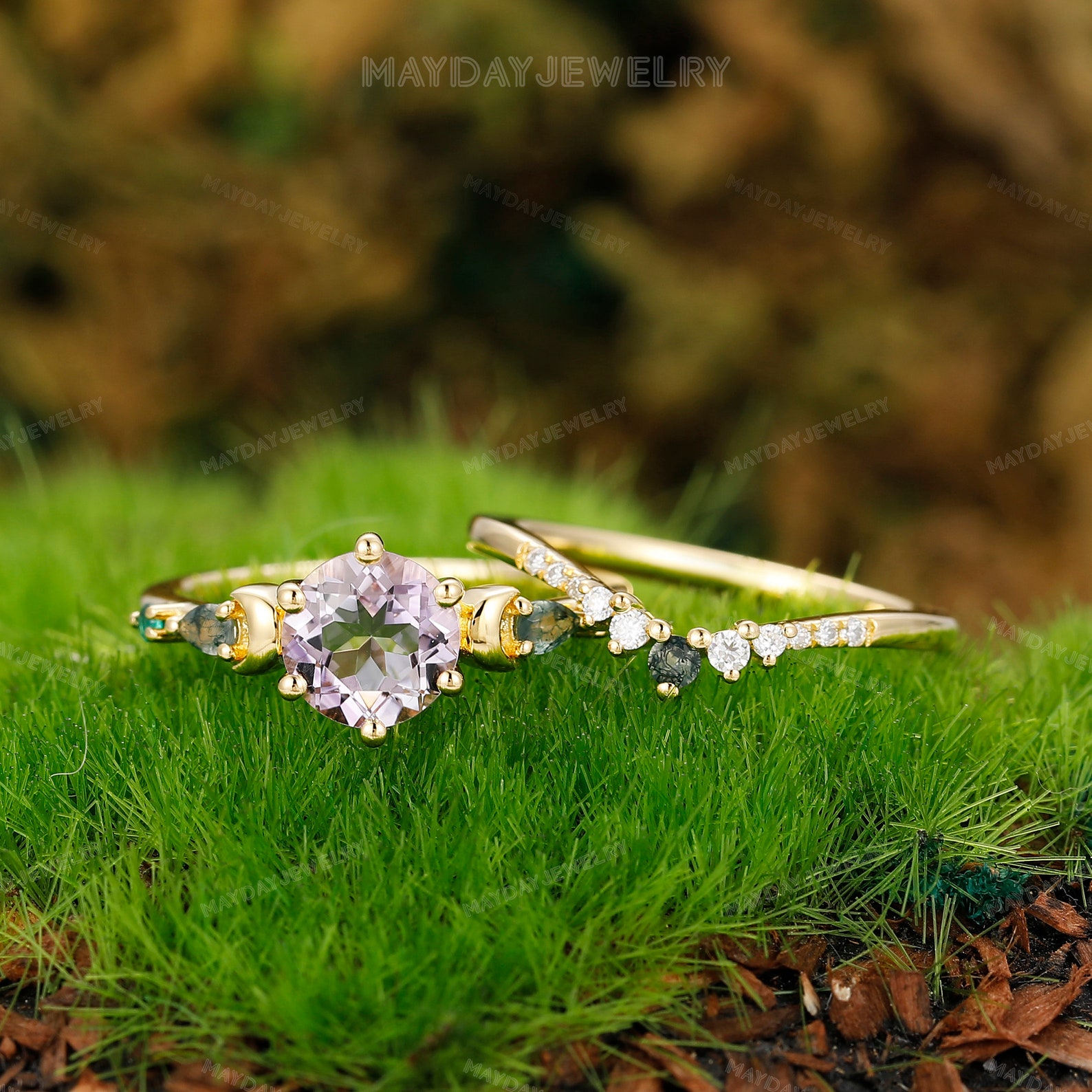 Round Cut Lavender Amethyst Ring Unique Engagement Ring Moss Agate ...