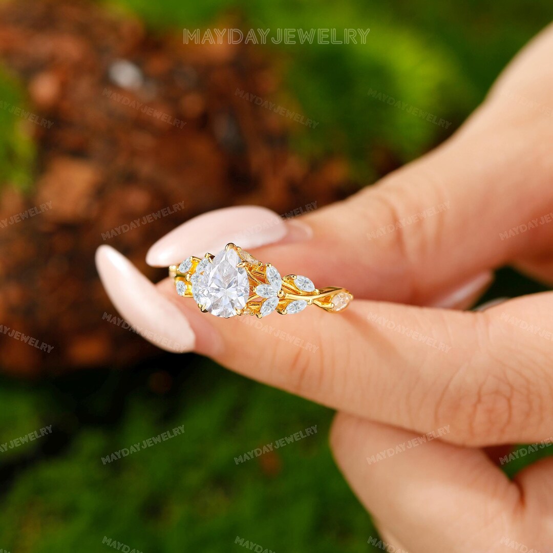 Pear Moissanite Engagement Ring Pear Cut Cluster Wedding Ring 925 ...