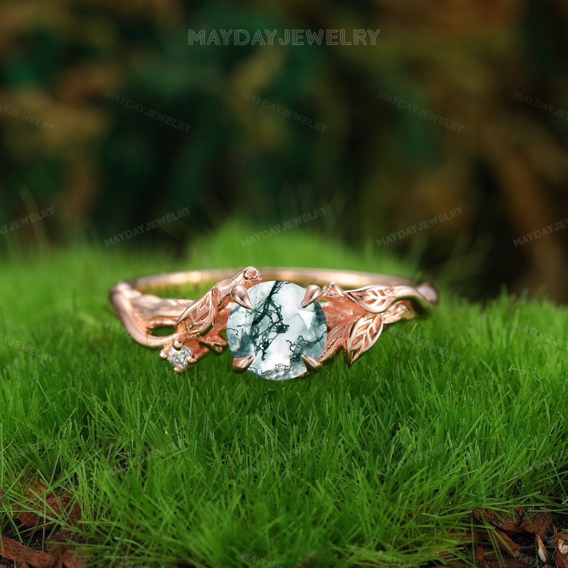 Round Cut Moss Agate Engagement Ring Promise Ring 14k Rose Gold Ring ...