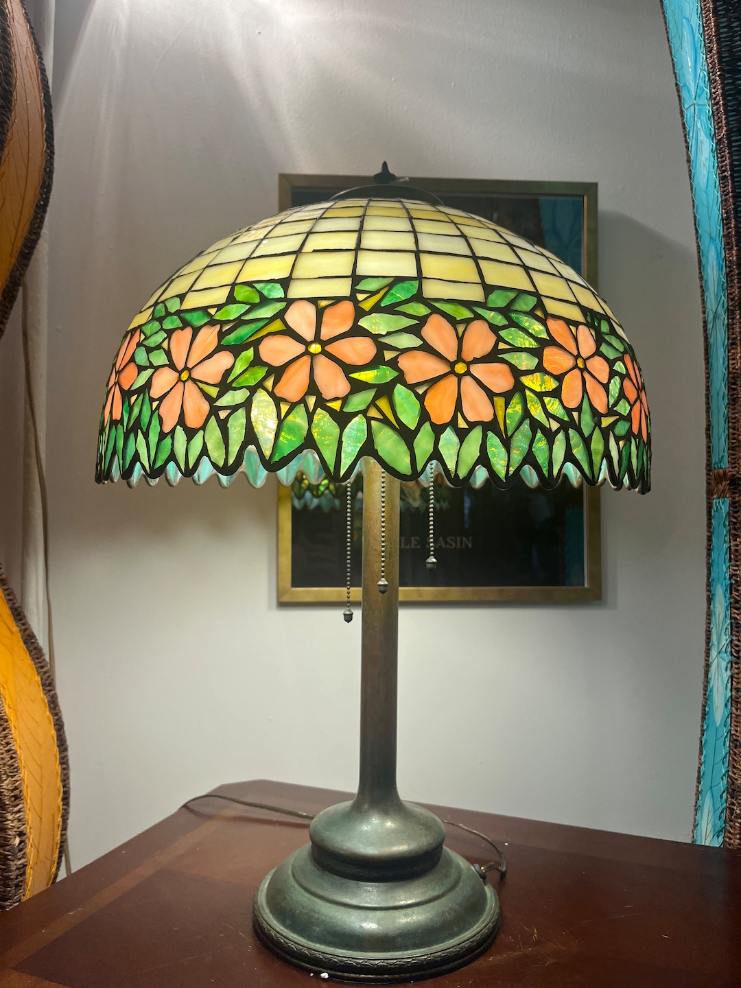 Antique Stained Glass Tiffany Style Table Lamp With Copper Base - Etsy