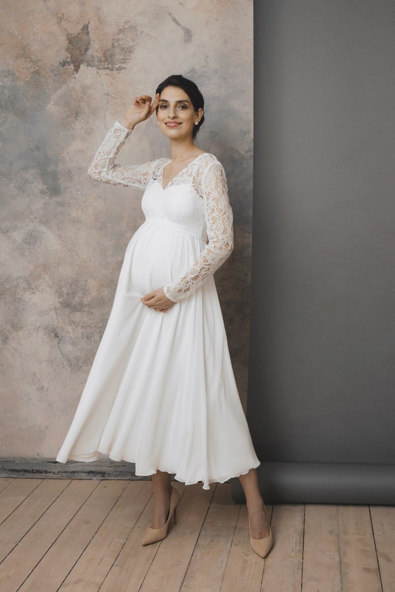 Lace & Chiffon Maternity Wedding Dress: Long Sleeve Pregnancy Bridal ...