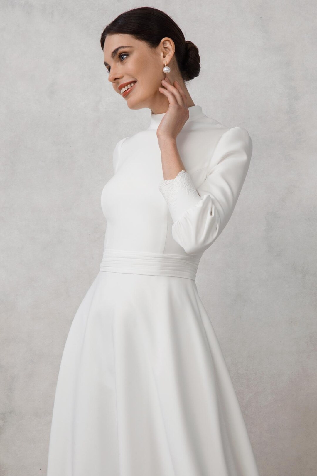 Elegant Modest Tea-length Wedding Dress With High Neck and Long Sleeves ...