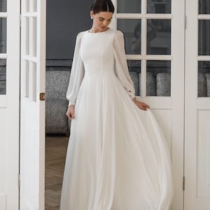 Modest Wedding Dress Gabriella - Long Sleeve High Neck Chiffon Bridal Gown - Etsy