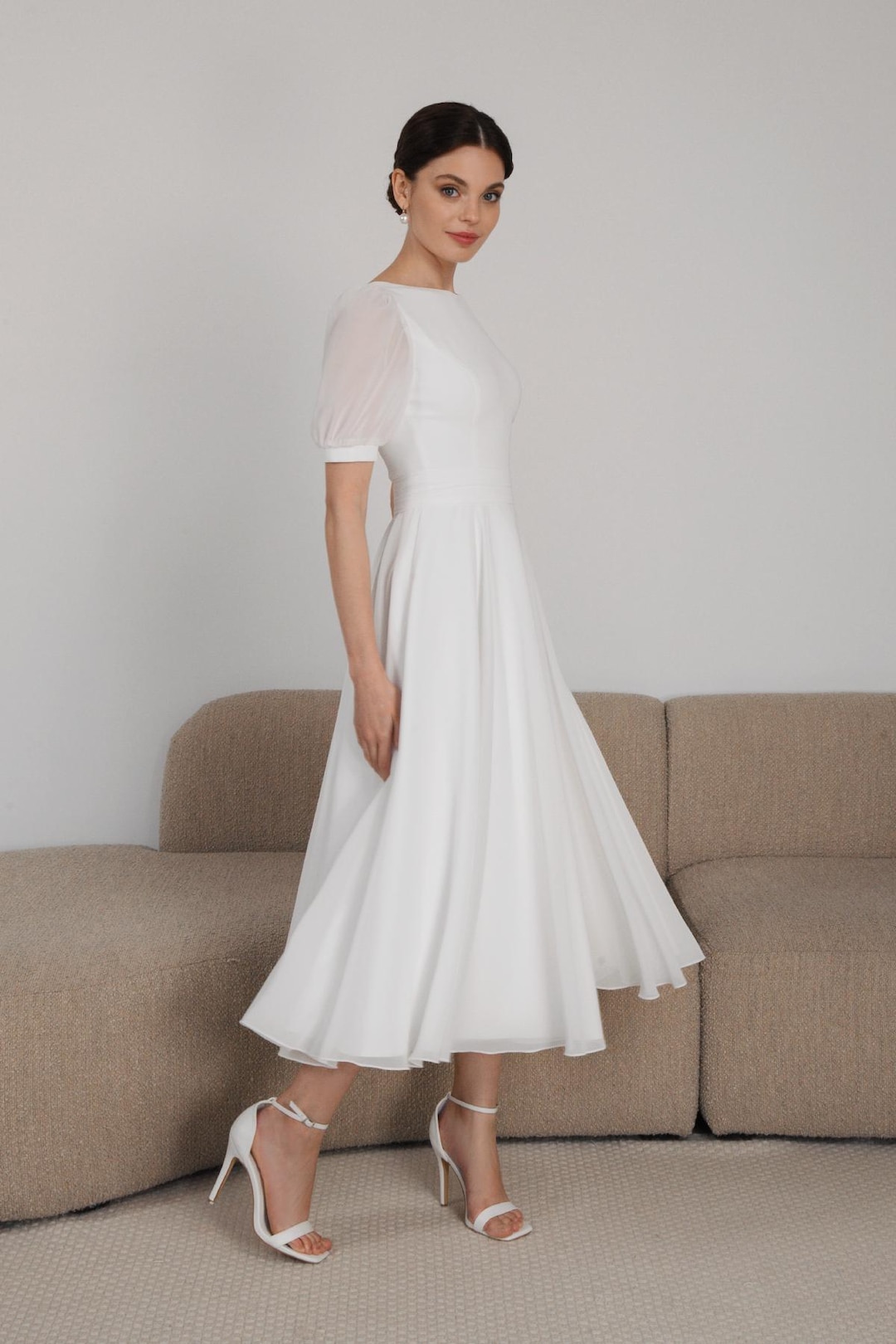 Modest Tea-length Wedding Dress With Puff Sleeves and Square Back ...