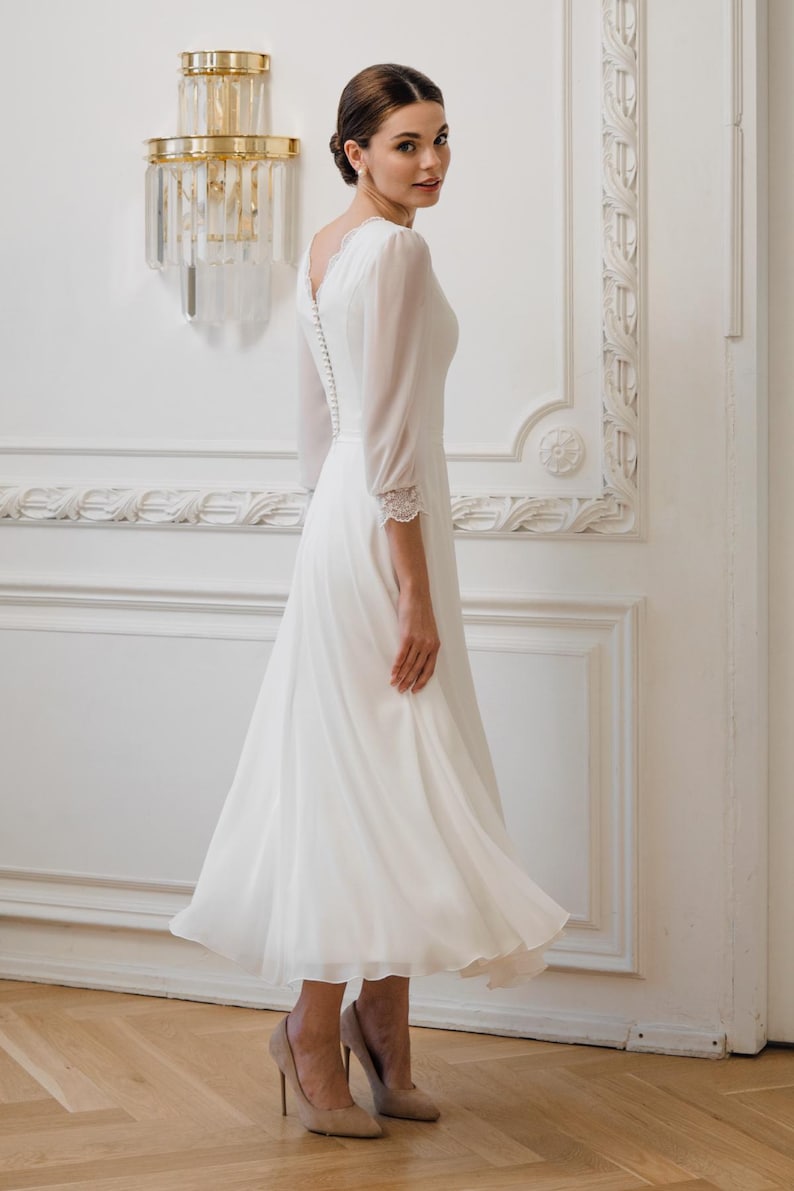 Modest Tea Length Wedding Dress With Sleeves – Simple City Hall Bridal ...