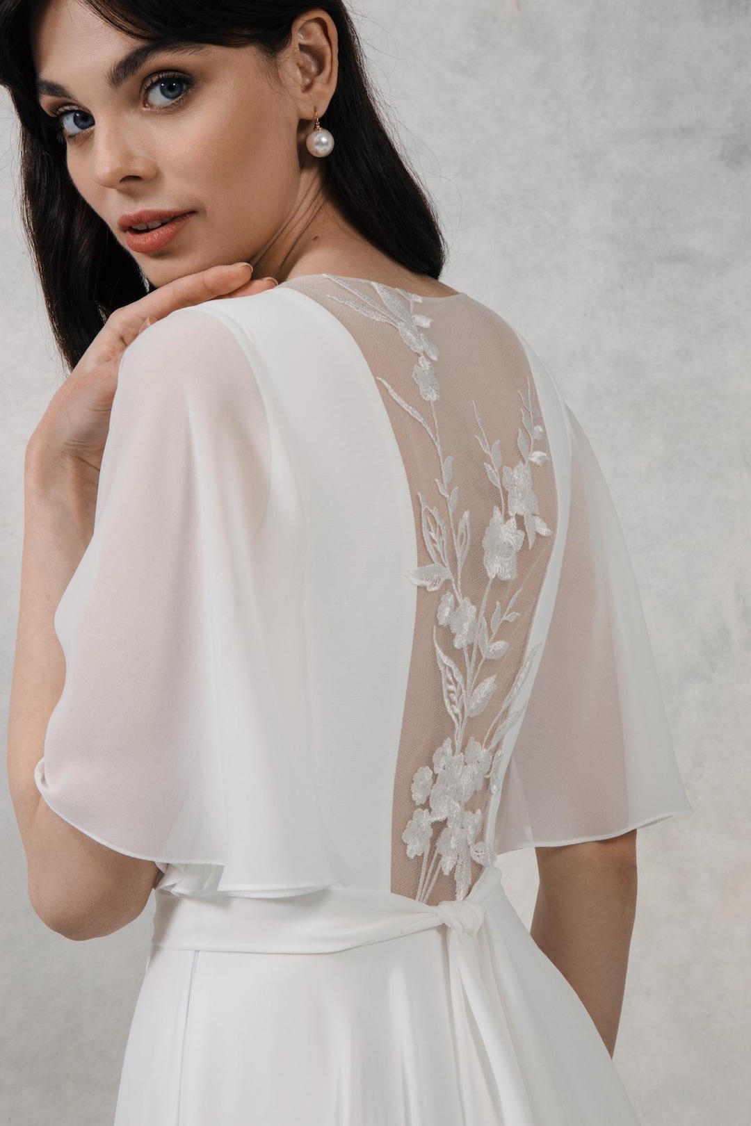 Modest Chiffon Wedding Dress With Flutter Sleeves and Lace Back – A ...