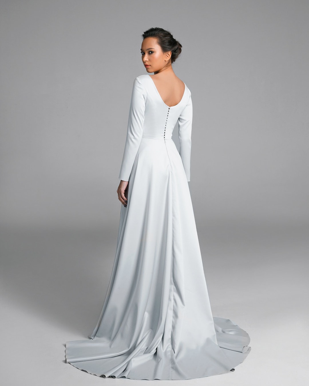 Long Sleeve Wedding Dress With Boat Neckline Modest Satin - Etsy