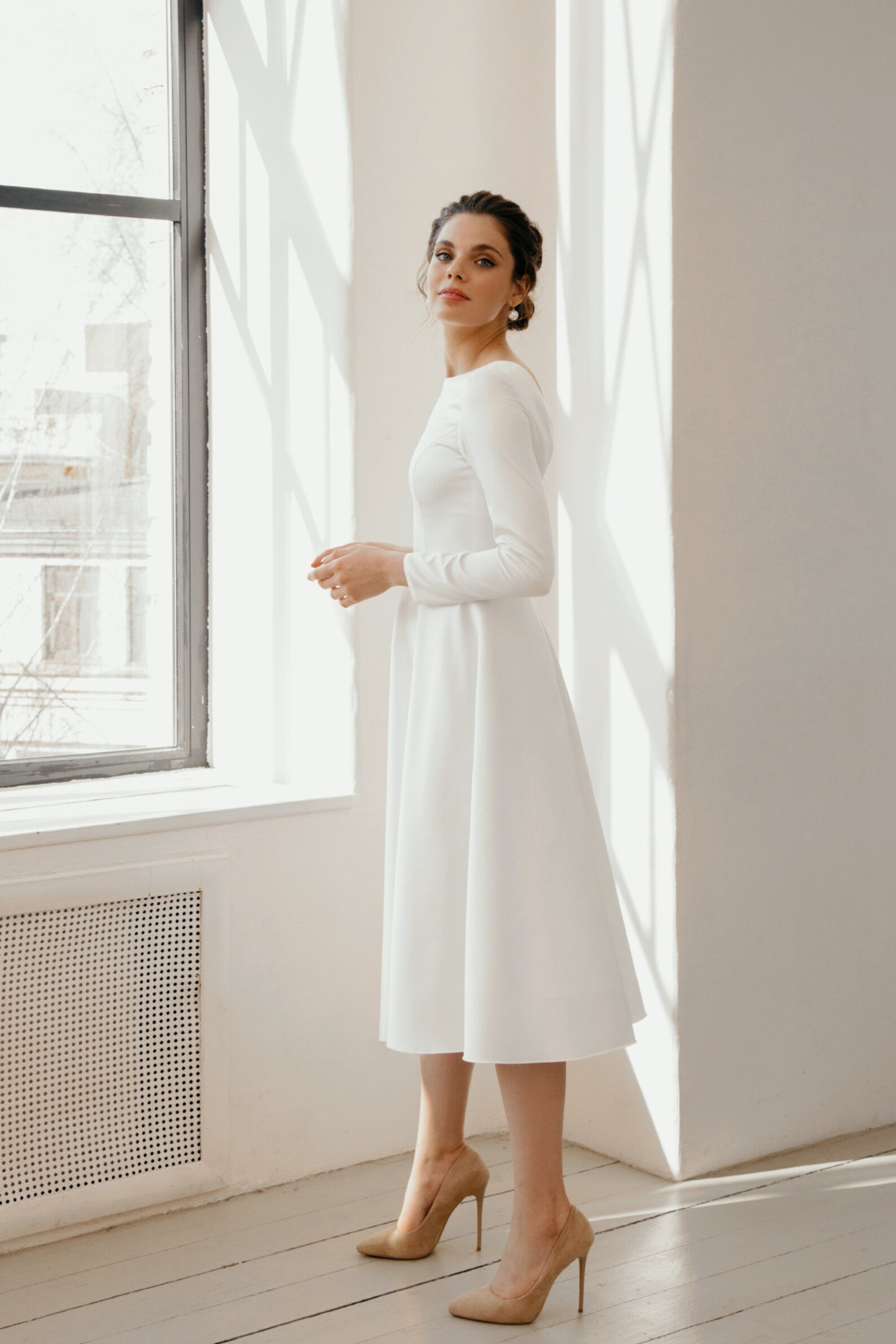 Simple Short Wedding Dress With Sleeves off White Elopement - Etsy Canada