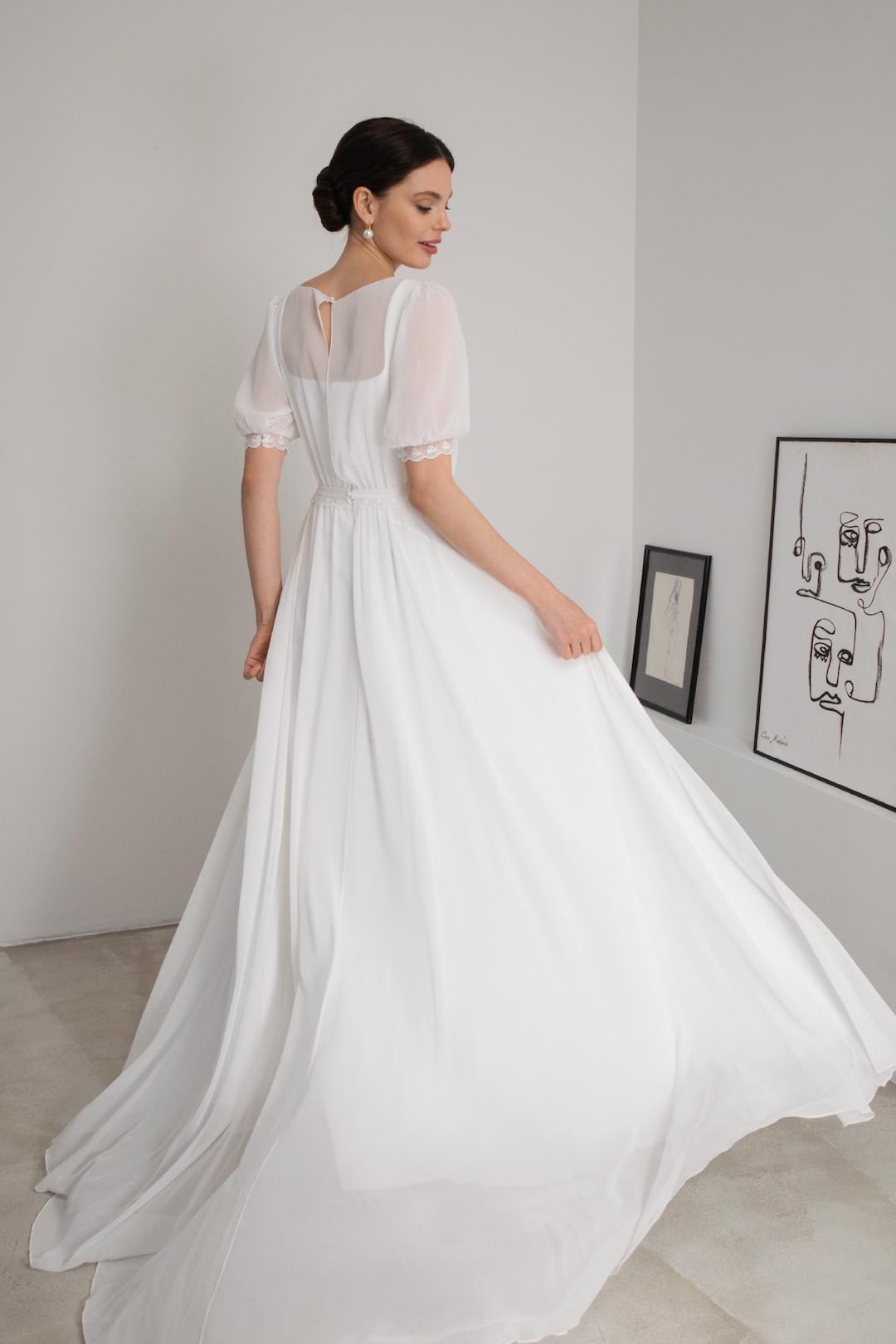Modest Chiffon Wedding Dress With Puff Sleeves and Lace Cuffs – Simple ...