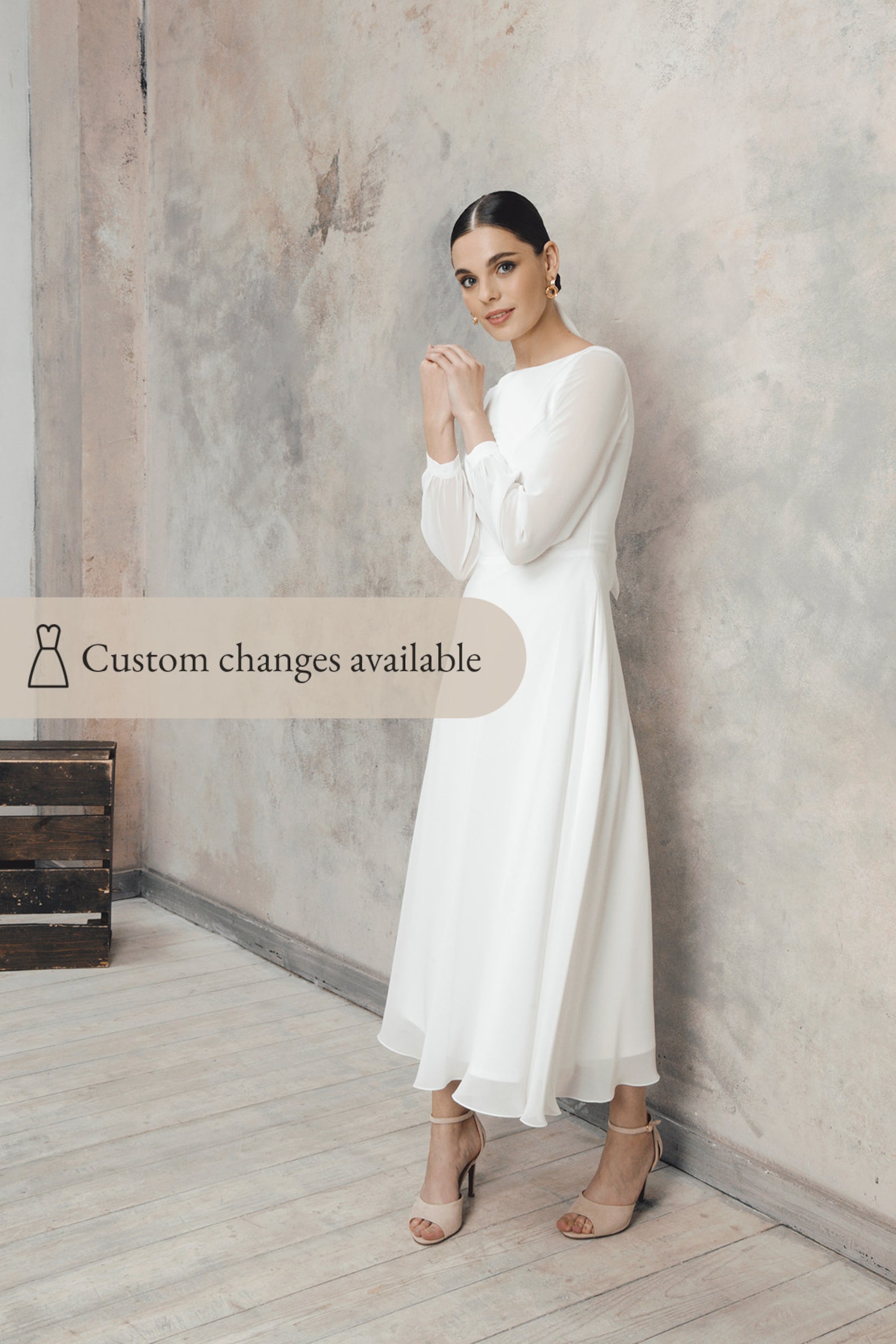 Modest Long Sleeve Tea-length Wedding Dress – Simple Chiffon Bridal ...