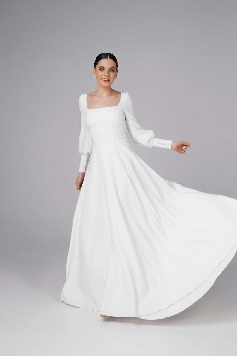 Square Neck Wedding Dress With Long Sleeves Minimalist Low - Etsy