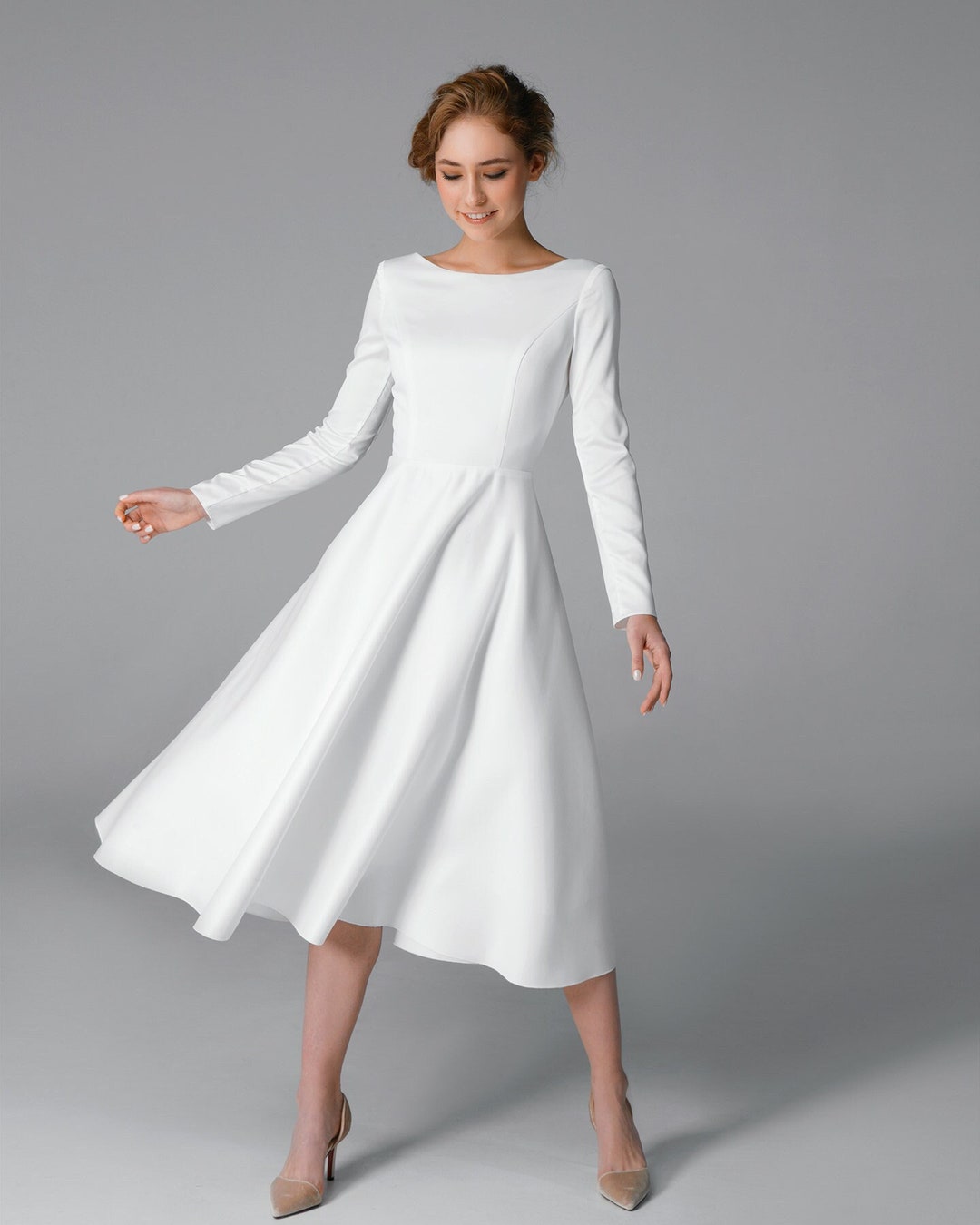 Simple Short Wedding Dress With Sleeves, off White Elopement Dress ...