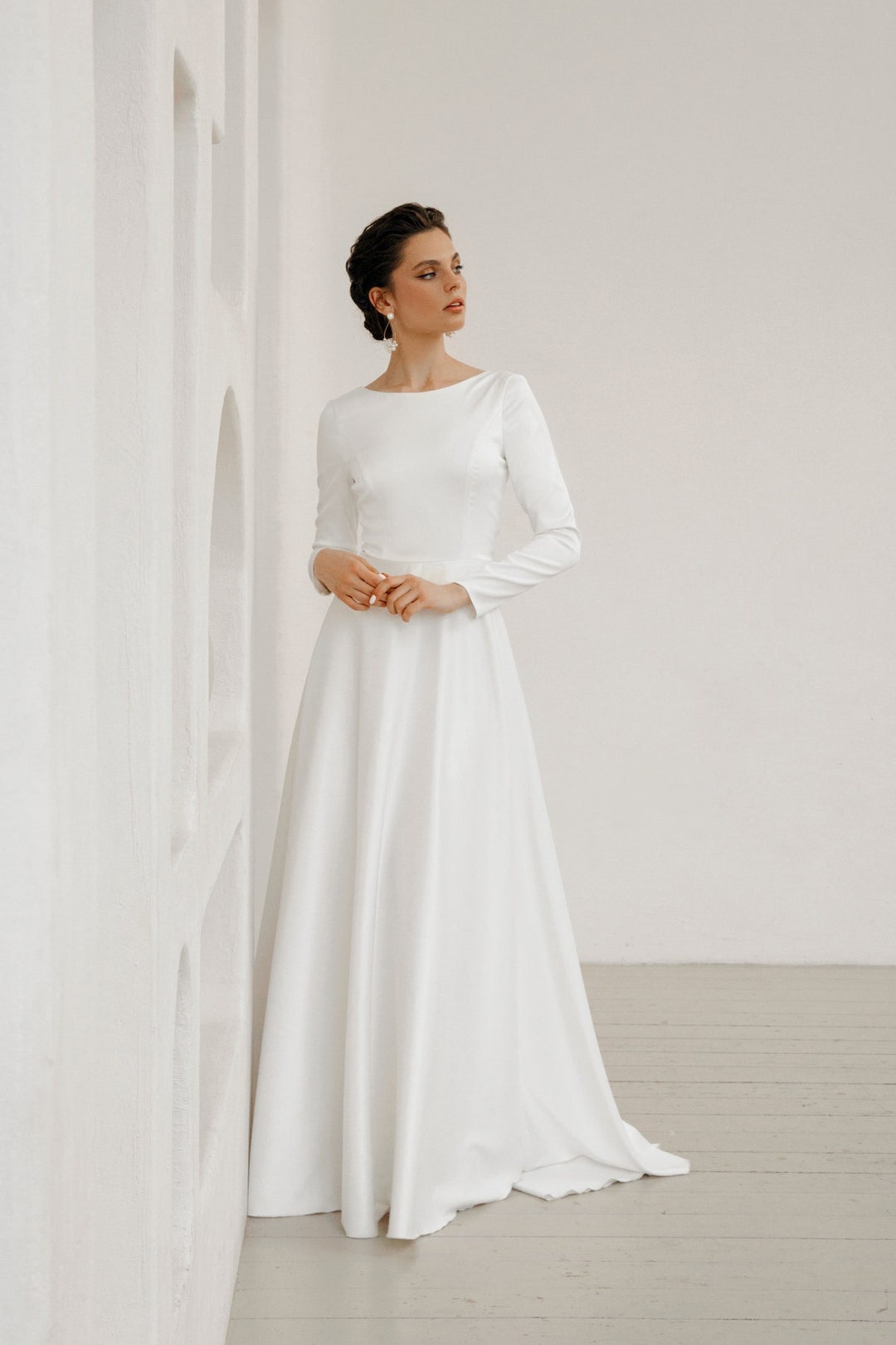 Long Sleeve Wedding Dress With Boat Neckline, Modest Satin Wedding ...