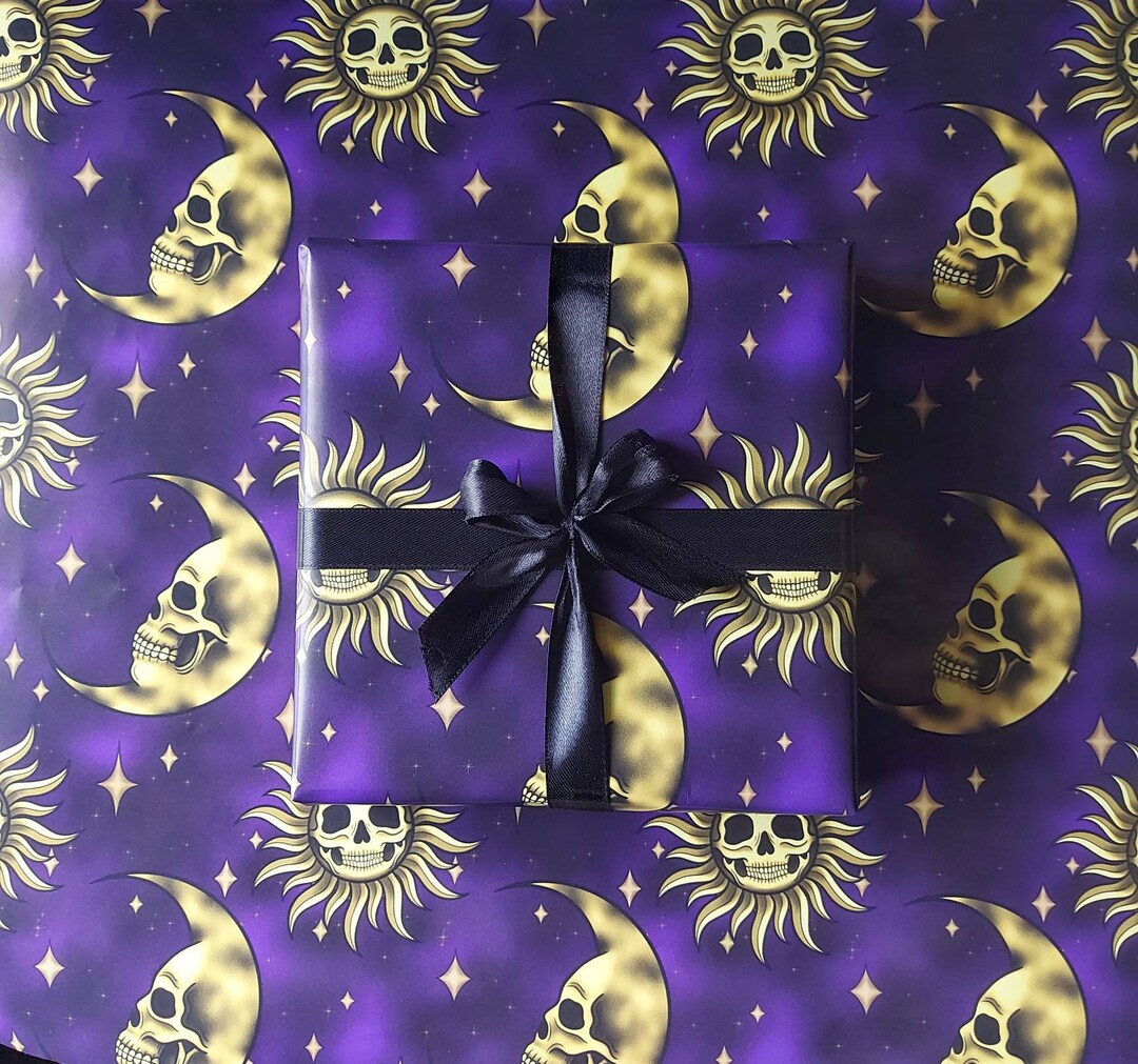 Celestial Wrapping Paper, Gothic Birthday Giftwrap, Skull Sun and Moon ...