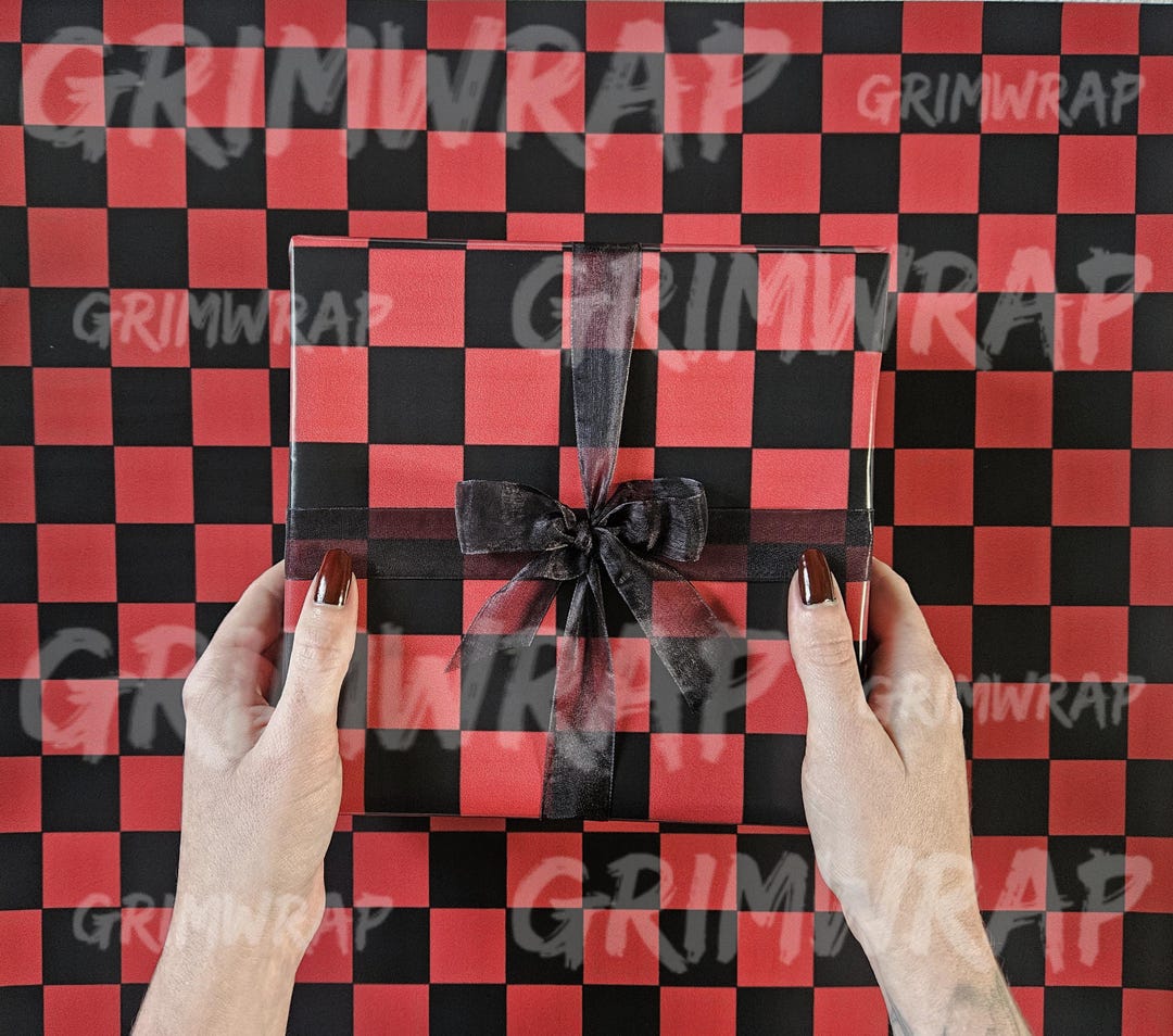 Red Checkerboard Grimwrap | Emo Wrapping Paper, Halloween Gift Wrap ...