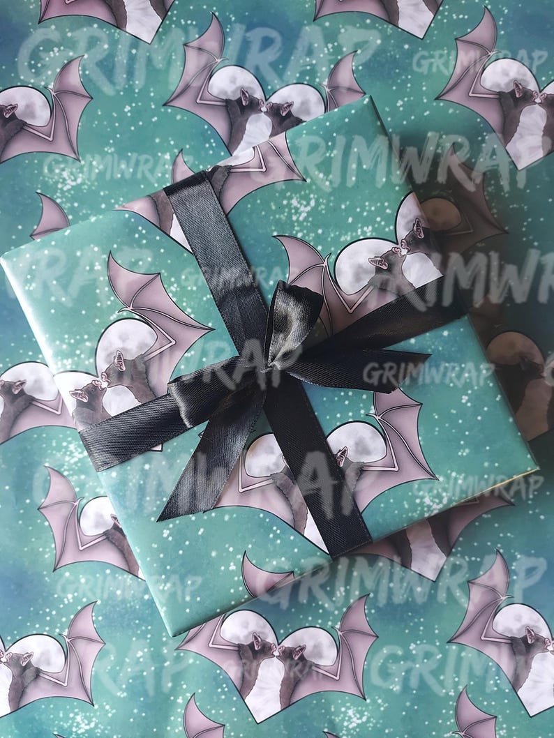 Batty for You Grimwrap | Spooky Bat Wrapping Paper, Moon Love Heart ...