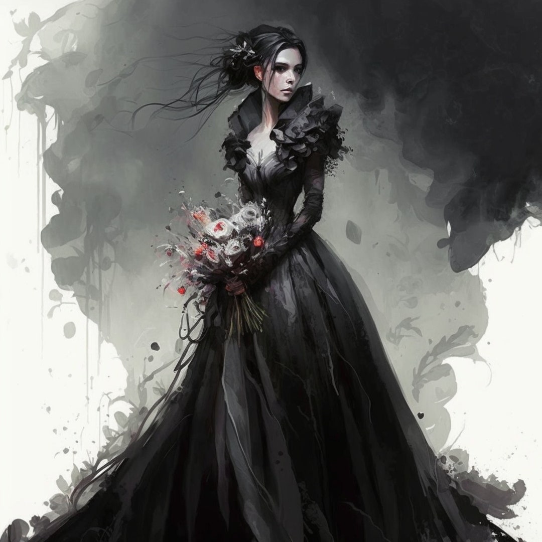 Gothic Bride in Black Wedding Dress Goth Watercolor Painting Art Print ...