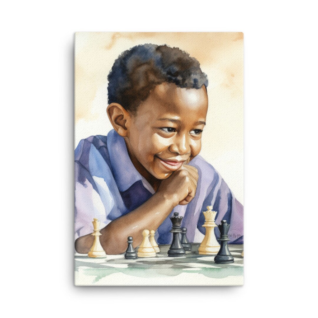 Boy Playing Chess Game Playing Chess Board Happily Playing Watercolor ...