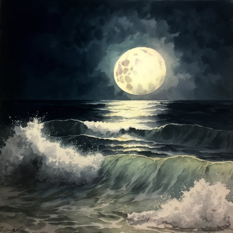 Ocean Landscape Moonlit Ocean Night Waves Crashing Watercolor Canvas ...