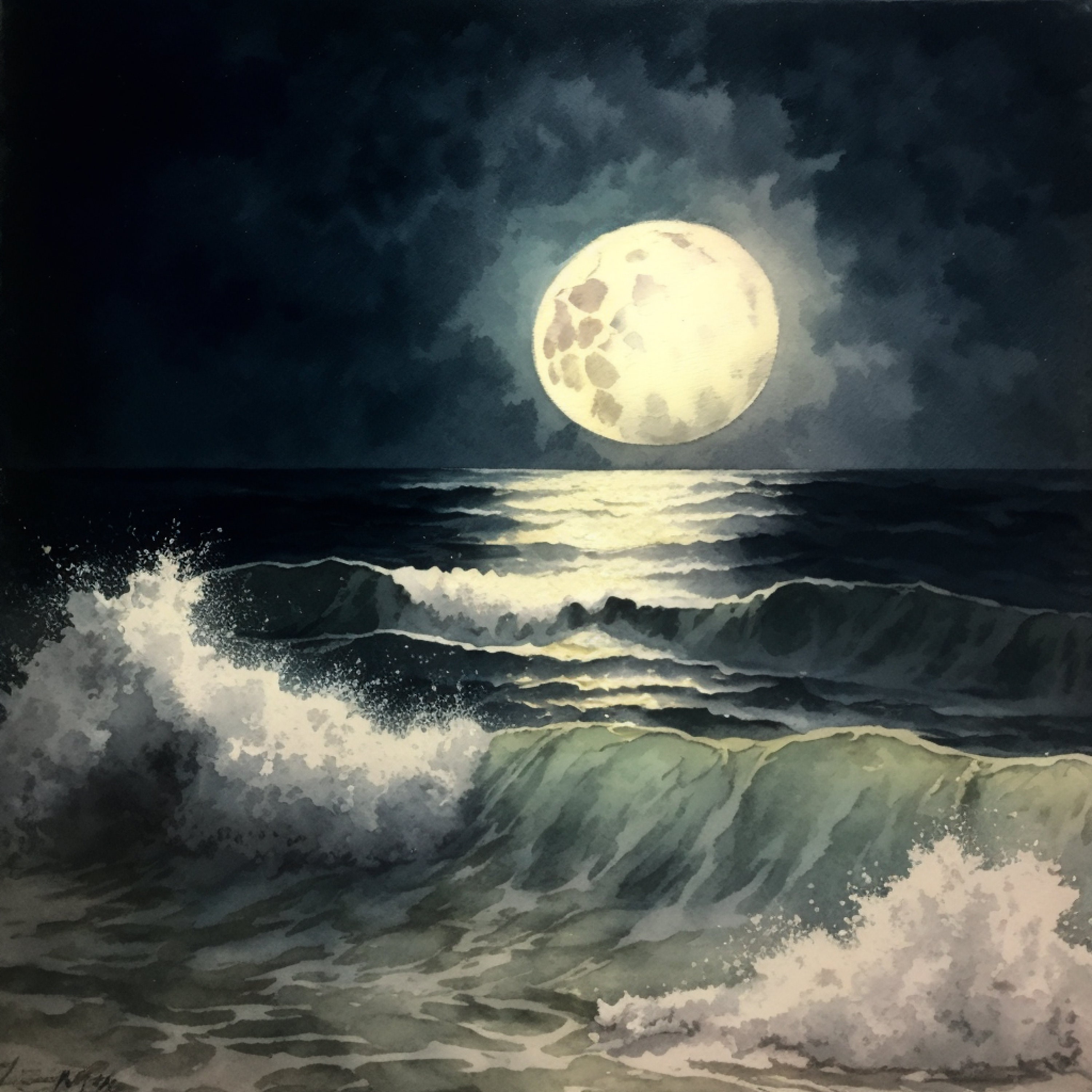 Ocean Landscape Moonlit Ocean Night Waves Crashing Watercolor Canvas ...