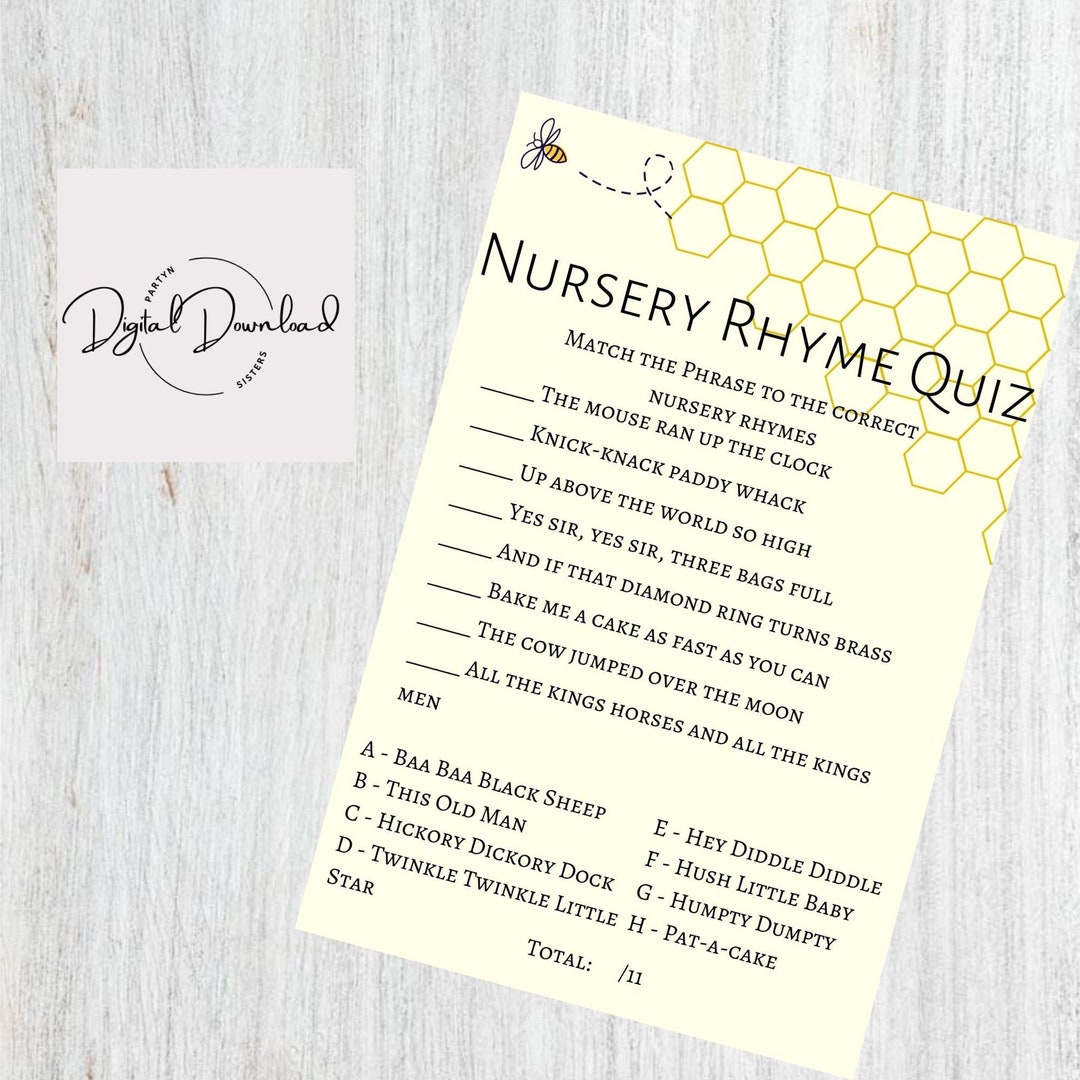 Nursery Rhyme Quiz Baby Shower Game Bees - Etsy