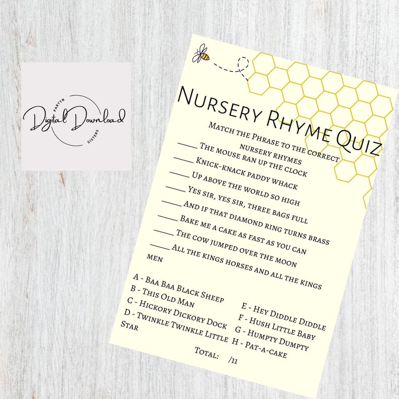 Nursery Rhyme Quiz Baby Shower Game Bees - Etsy
