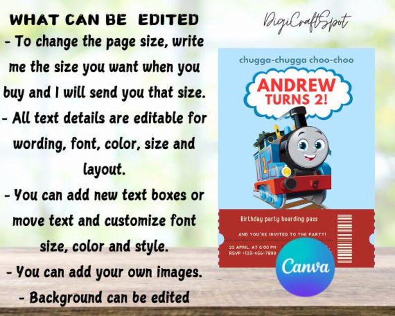 Editable Thomas the Tank Engine Birthday Invitation Canva Digital ...
