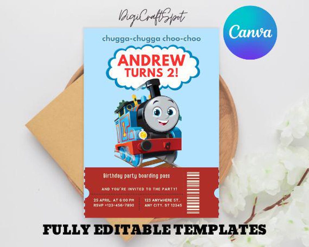 Editable Thomas the Tank Engine Birthday Invitation Canva Digital ...