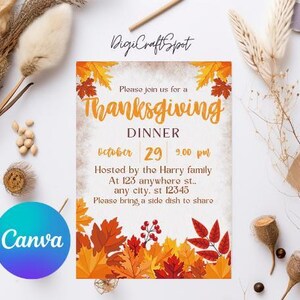 Editable Thanksgiving Dinner Invitation Template Autumn Leaves Party ...