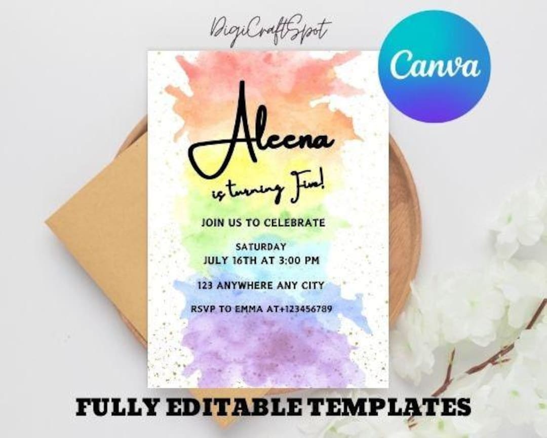 Editable, Rainbow Birthday Invitation, Any Age, Watercolor, Rainbow ...
