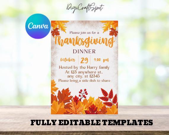 Editable Thanksgiving Dinner Invitation Template Autumn Leaves Party ...