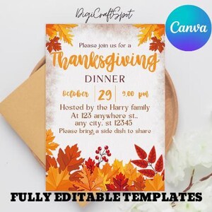 Editable Thanksgiving Dinner Invitation Template Autumn Leaves Party ...