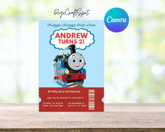 Editable Thomas the Tank Engine Birthday Invitation Canva Digital ...