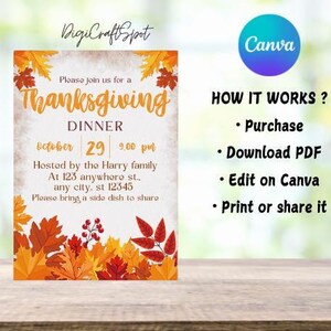 Editable Thanksgiving Dinner Invitation Template Autumn Leaves Party ...