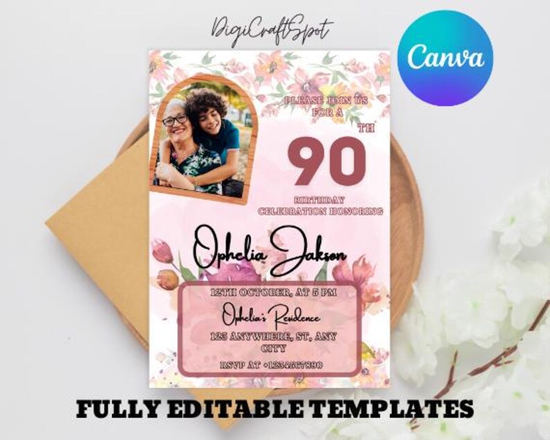 Editable 90th Birthday Invitation Template, Digital 90th Birthday ...