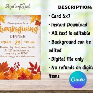 Editable Thanksgiving Dinner Invitation Template Autumn Leaves Party ...