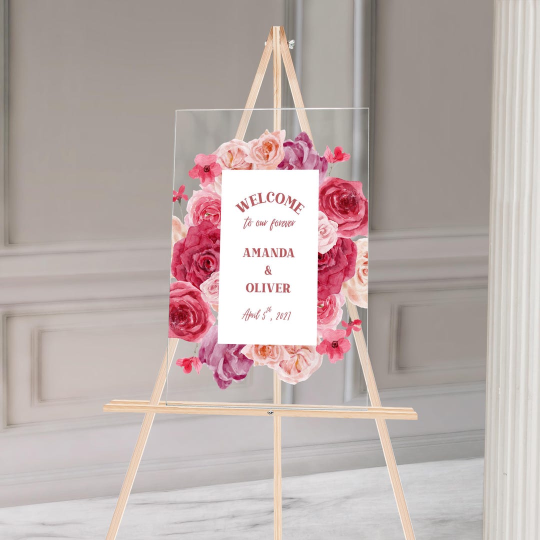 Custom Floral Wedding Welcome Sign, Pink Rose Acrylic Sign - Etsy