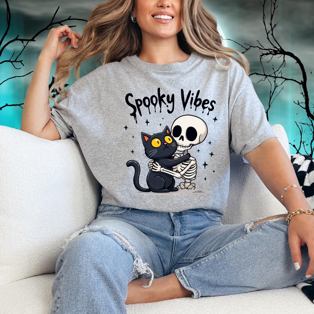 Halloween T-shirt, Spooky Vibe, Halloween Hugs, Black Cat and Skeleton ...