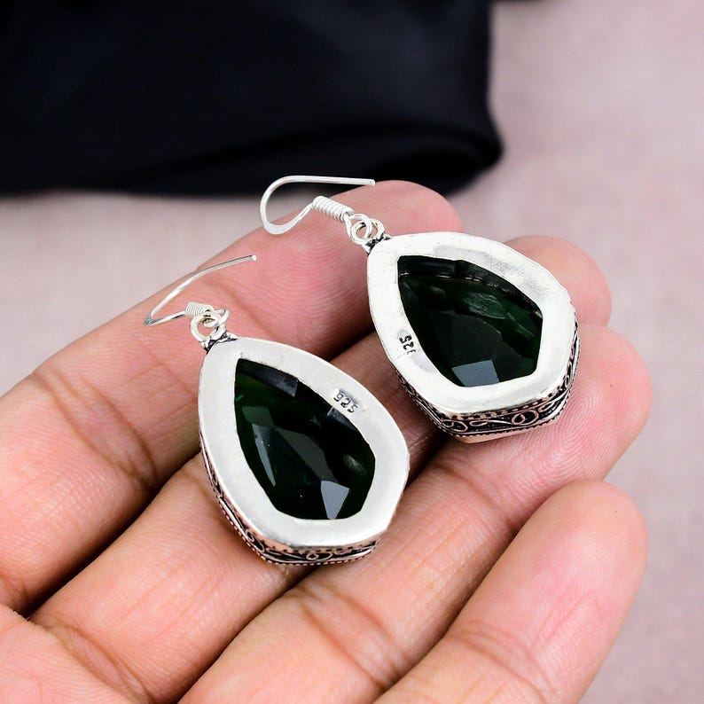 Lab-made Chrome Diopside Gemstone Antique Earrings, 925 Silver Plated ...