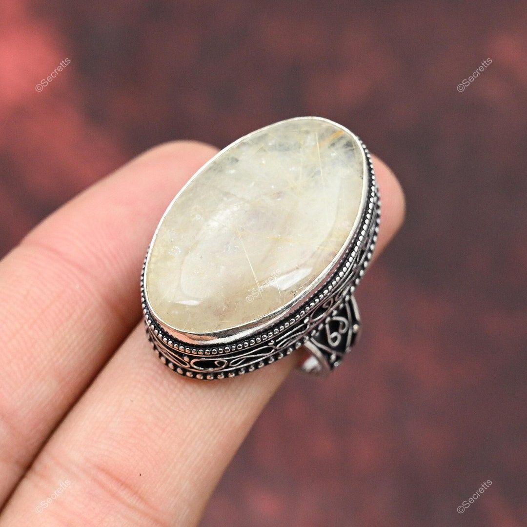 Valuable Golden Rutile Boho Silver Ring Ring Size 10, White Cluster ...