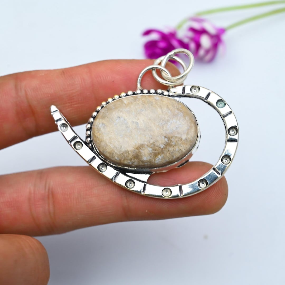 Fossil Coral Elegant Pendant, 925 Sterling Silver Jewelry, Oval Shape ...