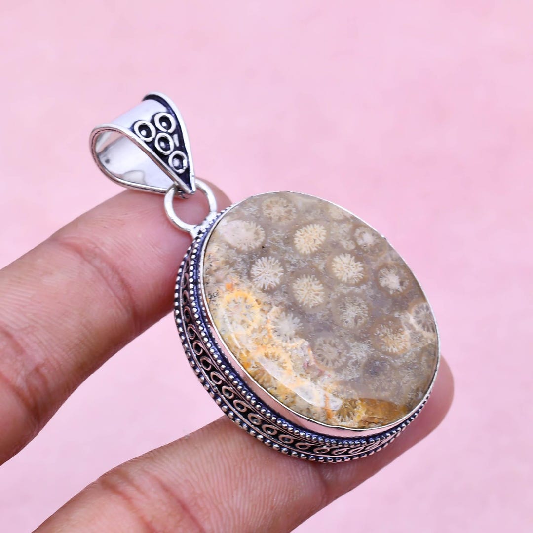 Designer Fossil Coral Pendant Handmade 925 Sterling Silver Chain ...