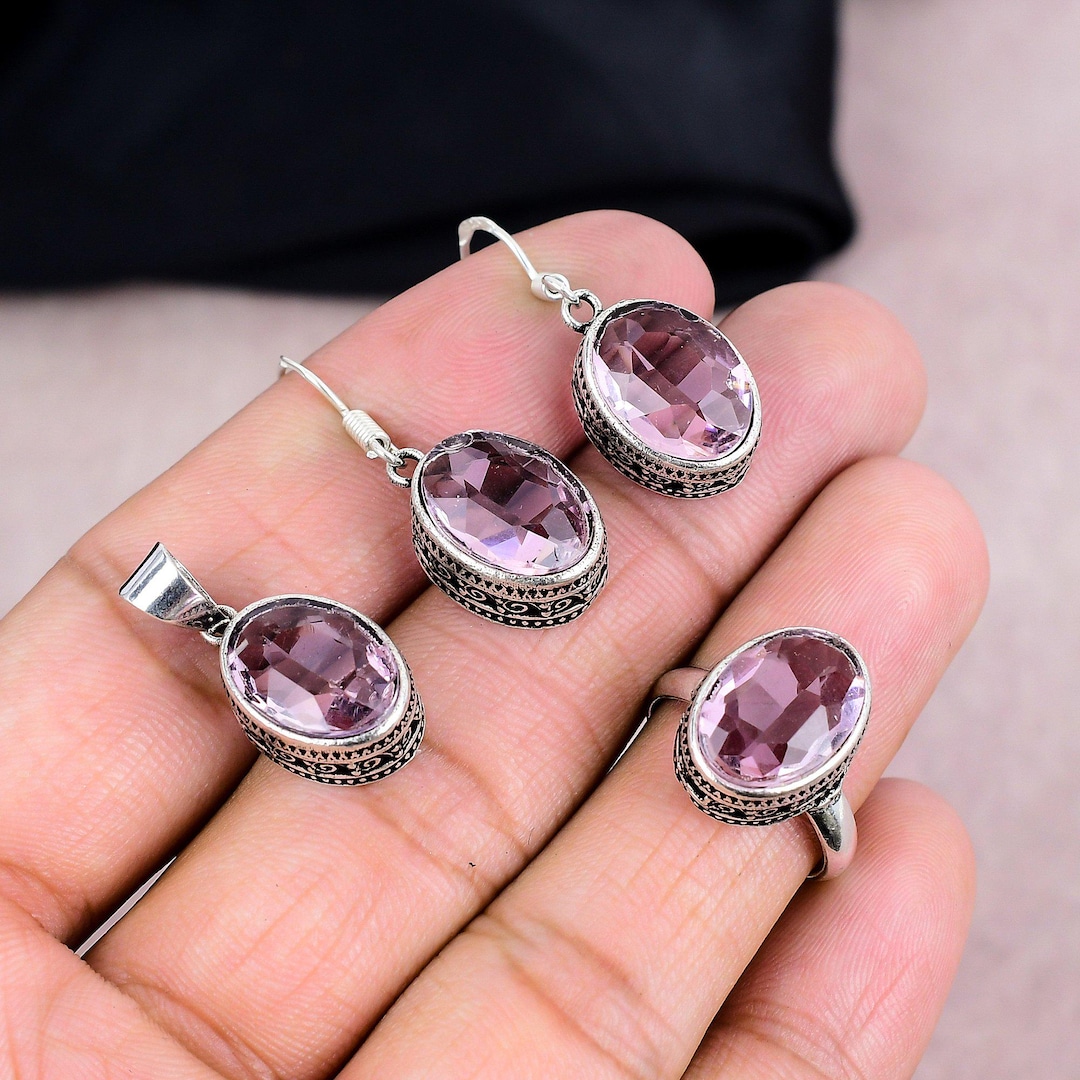 Pink Kunzite Jewelry Set, Lapis Lazuli Gemstone Handmade 925 Silver ...