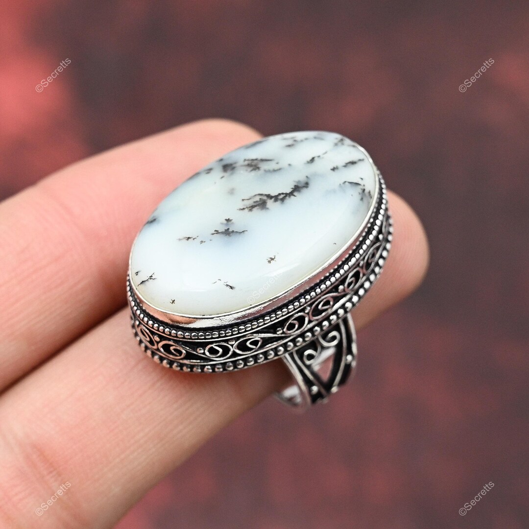 Valuable Dendrite Opal Boho Silver Ring Ring Size 20, White Cluster ...